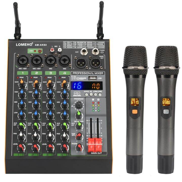 LOMEHO AM-AKS2 4 Channel Mixing Console With 2 UHF Wireless Microphone ...