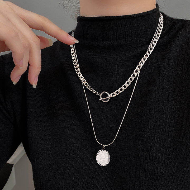 Gaya Barat Angin Dingin Lapisan Ganda Piring Bundar Kalung 2020 Model ...