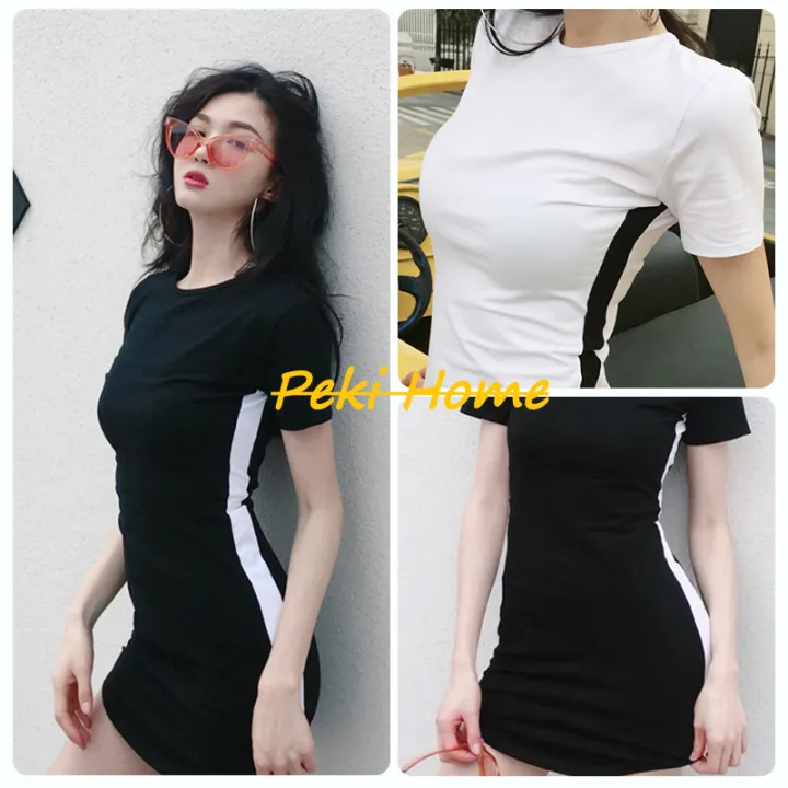 DQ-Q285 ชุดเดรส ชุดเดรสสั้น ชุดเดรเย็บสี อกลม ดำ/ขาว 2สี | Lazada.co.th