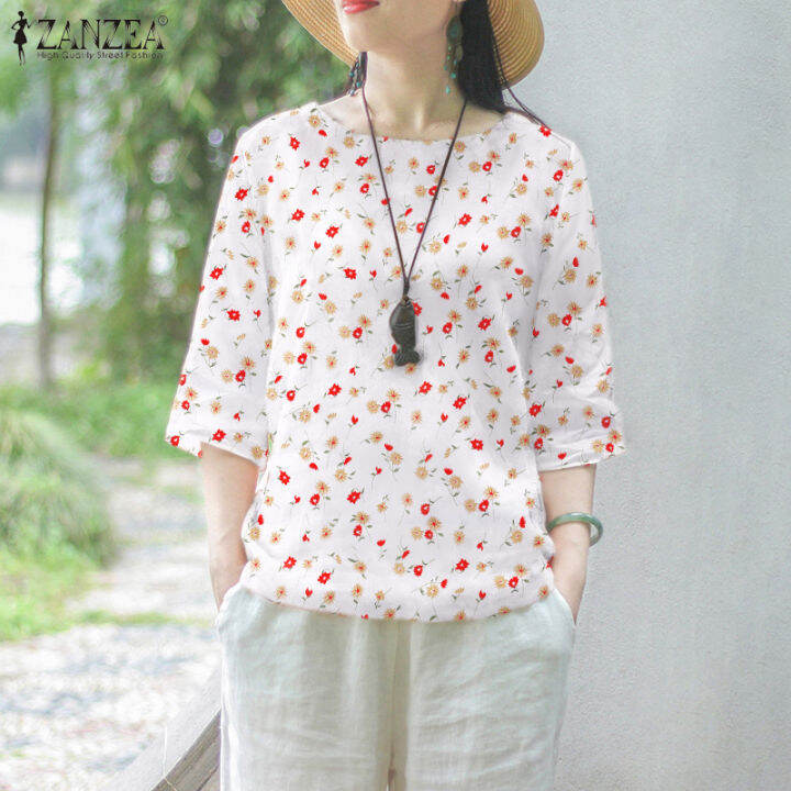 Celmia Zanzea Womens Blouse Korean Style Printed Tops O Neck 3 4
