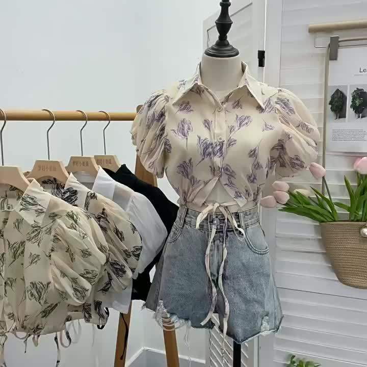 901A แขนพัฟยิงจริง polo เสื้อเชิ้ตคอปกผู้หญิงเสื้อแบบสั้นลายดอกไม้ผูกเอวออกแบบหน้าร้อน 8782 ...