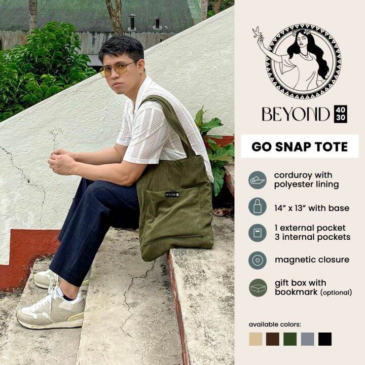 GO SNAP Corduroy Tote 14" x 13" w/ base (4 pockets & magnetic snap ...