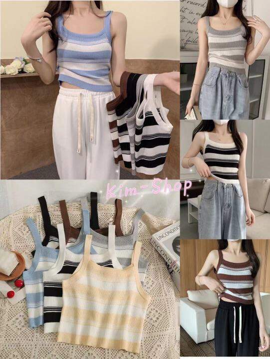 🌵Kim-shop*💕พร้อมส่ง*เสื้อกล้ามไหมพรม ลายทางผ้าดียืดหยุ่นใส่สบาย8785 ...