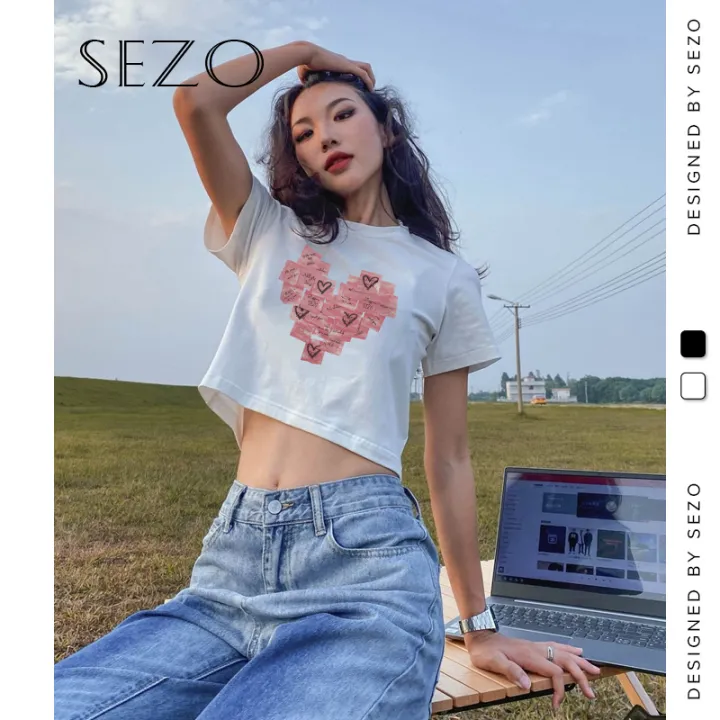 ชุดพิมพ์ตัวอักษร Sezo Croptop สำหรับผู้หญิง | Lazada.co.th