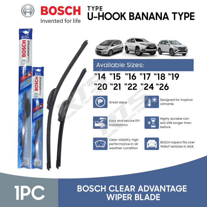 BOSCH Clear Advantage Banana Type Wiper Blade Size: 14 / 15 / 16 /17 / 18 / 19 / 20 / 21 / 22 ...