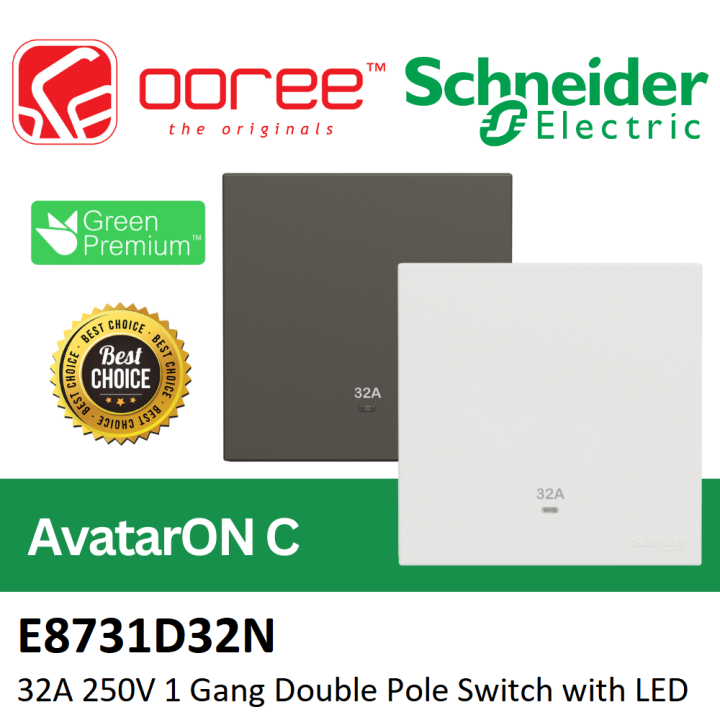 SCHNEIDER ELECTRIC AVATARON C SERIES 32A 250V 1 GANG DOUBLE POLE SWITCH WITH LED, WHITE ...