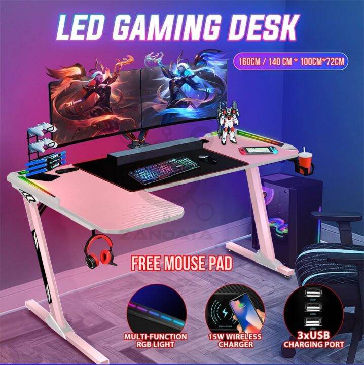 L-SHAPE PINK WHITE Gaming Table 140CM/160CM Professional Esports Gaming ...