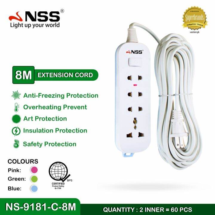 NSS Color Extension Cord 4 Gangs with 1 Switch 250V 2500W 3 Meters/5 Meters/8 Meters Outlet NS ...