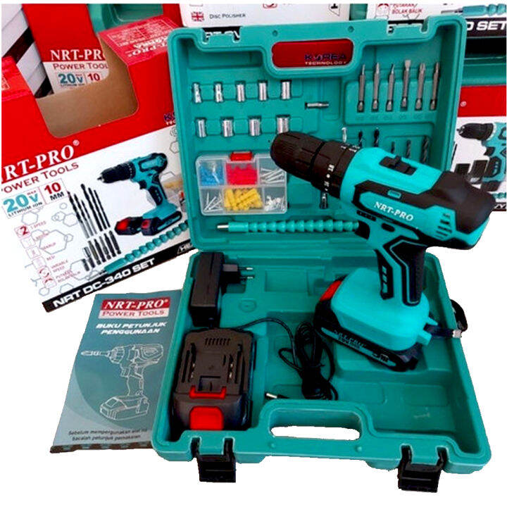 CORDLESS Drill NRT PRO DC 340 SET/Mesin Bor BATERAI Impact 20V Bor ...