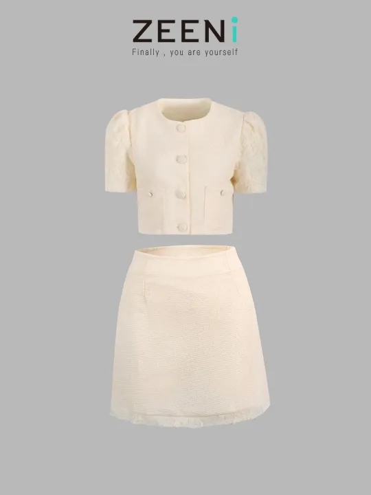 ZEENI กระโปรงตัวบนแขนสั้นพรีเมี่ยมของผู้หญิงชุดน้ำหอมเล็กเกาหลี ...