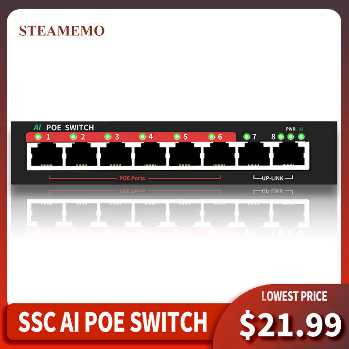 STEAMEMO 6พอร์ต POE Switch 48V 10100Mbps 90W แหล่งจ่ายไฟภายนอก Ethernet ...