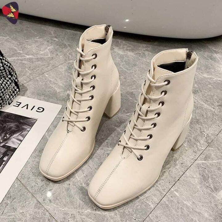 JS- AB-87 Lace Up Chunk Heels High Cut Leather Boots | Lazada PH