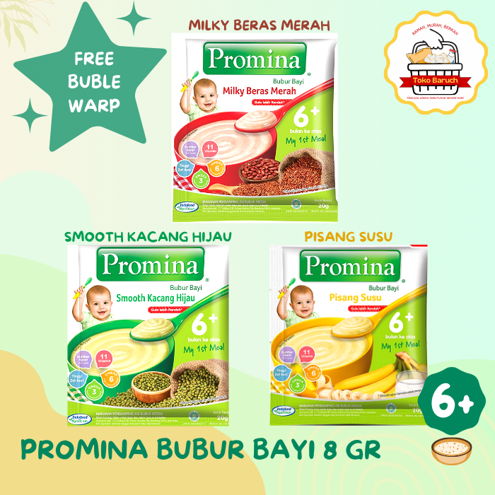 Promina Bubur Bayi 6+ Sachet Rasa Milky Beras Merah Smooth Kacang Hijau ...