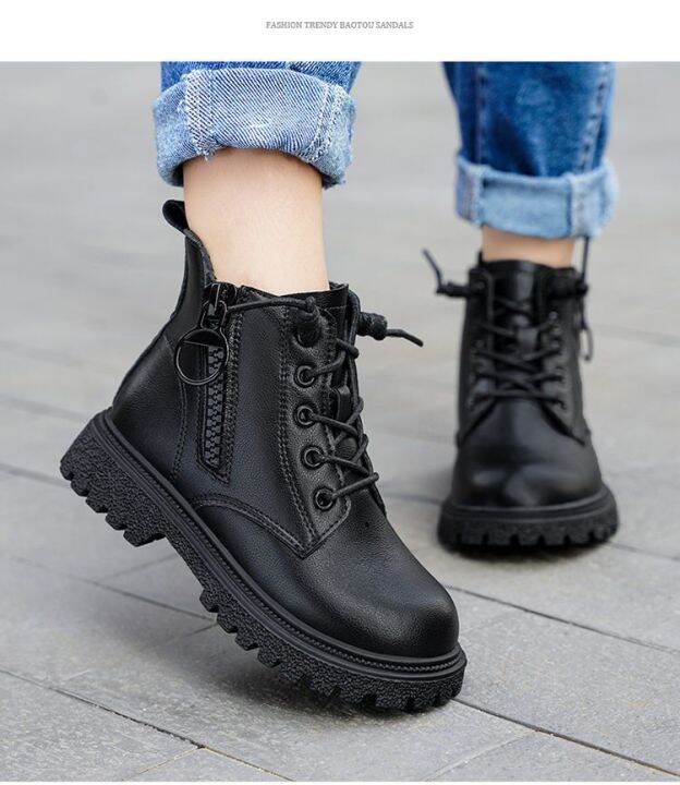 high top girls black leather shoes genuine leather boots for girls for ...