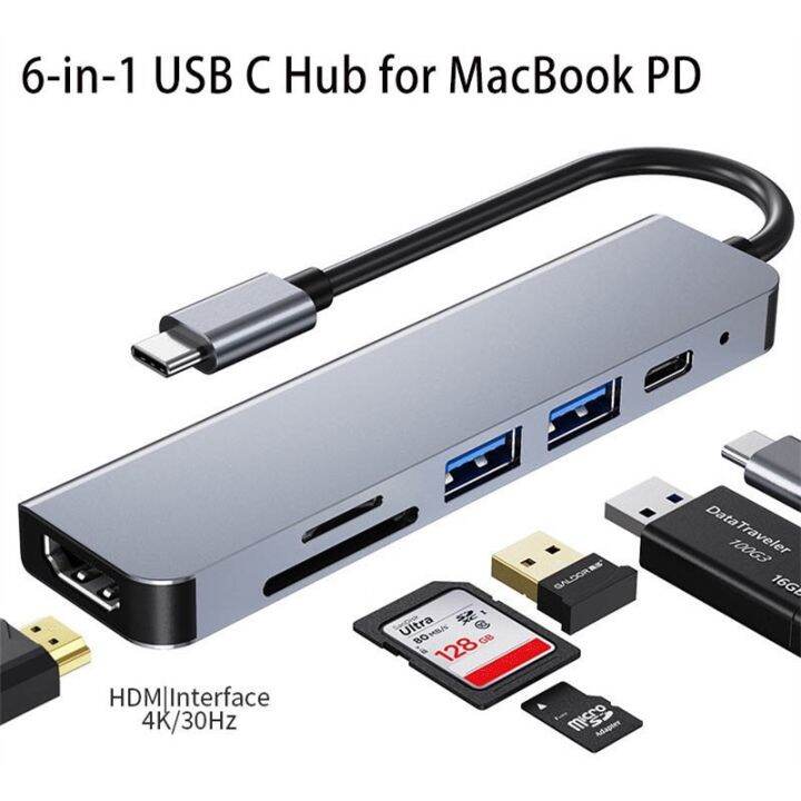 USB C HUB 6 in 1 Type C 4K 2 USB 3.0 Ports SD/TF Card Read for laptop ...