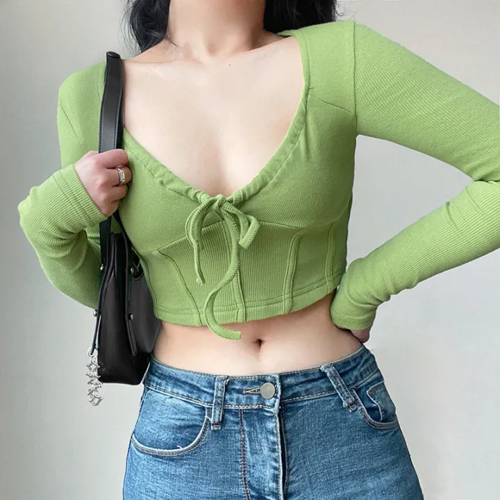 Y2k Crop Top Women Long Sleeve Wide Neck With Front Tie Details E Girl