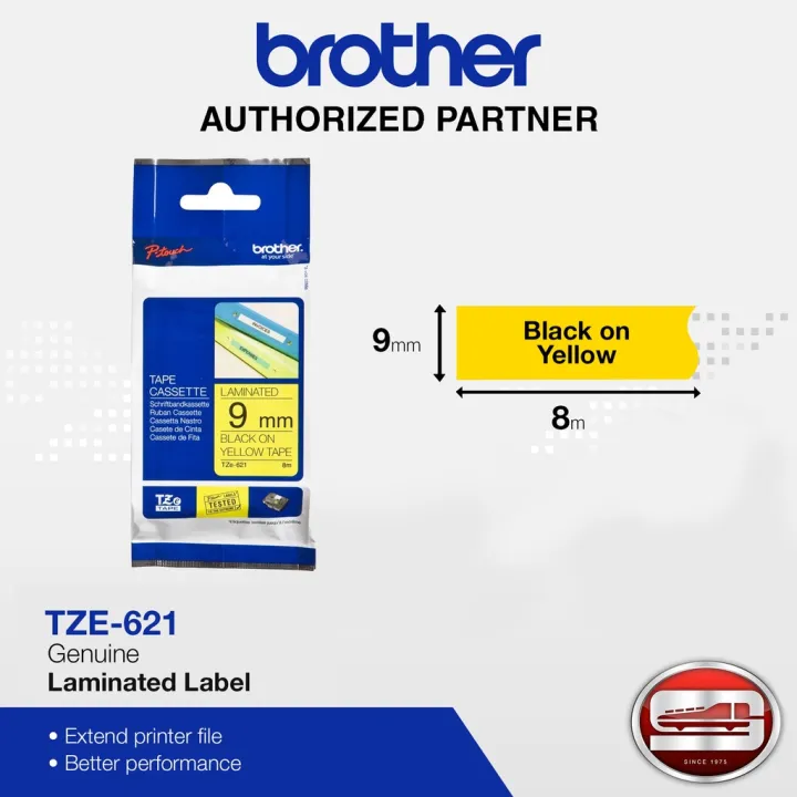 Brother TZe-621 Black on Yellow 9mm Labelling Tape (100% Original ...