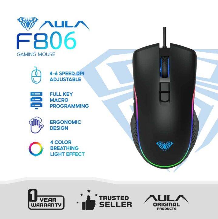 Aula F806 Gaming Mouse, Wired, 7 Buttons, 4800 DPI, 125Hz, Software | Lazada PH