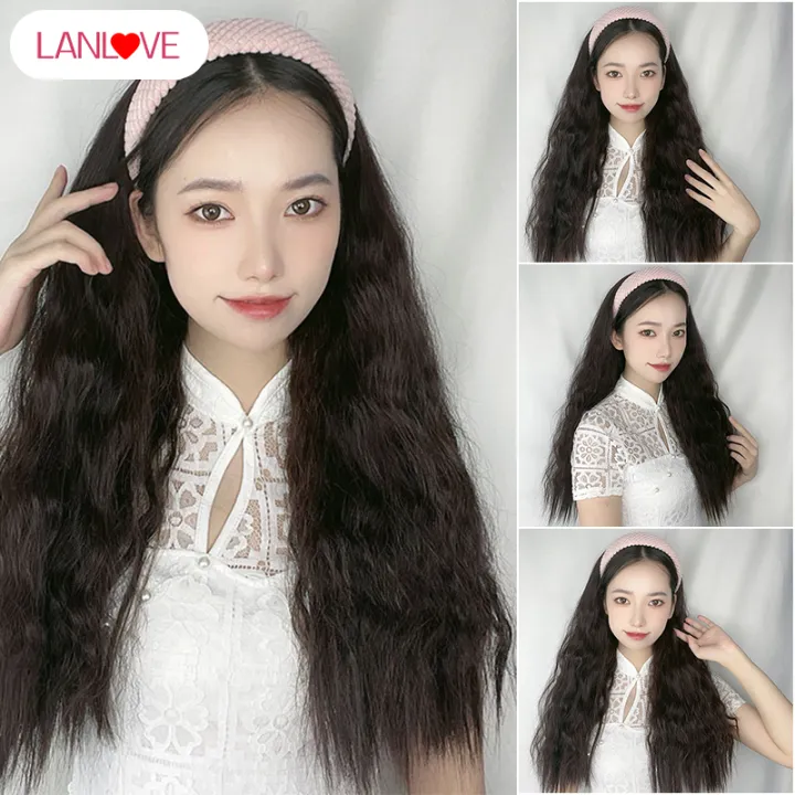 LANLOVE วิกผมลอนธรรมชาติพร้อมที่คาดผมสีชมพูแฟชั่นผมต่อลอนยาวผู้หญิงกับที่คาดผมสีชมพูแฟชั่นผมหยัก ...