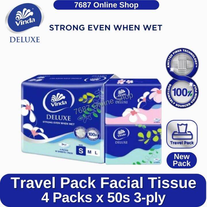 Vinda Deluxe Travel Soft Pack Facial Tissue 3ply - 50's x 4 Packs - Tisu Muka 纸巾 | Lazada