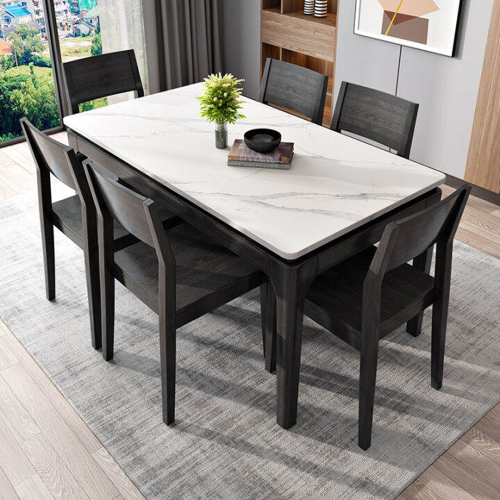 Rock dining table and chair combination rectangular solid wood dining table 4 people 6 people ...