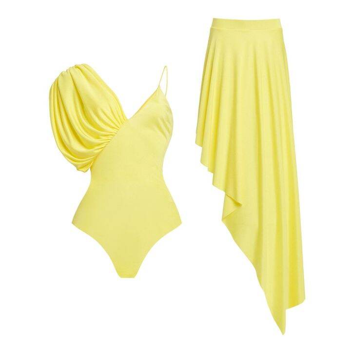 New Solid Yellow Color Swimswaer Asymmetrical Sling Solid Color One ...