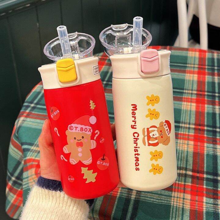 แก้วมีหลอดและหูหิ้ว สแตนเลสขนาดเล็ก ขนาด420ml กระติกน่ารักลายหมี แก้วน้ำลายการ์ตูน เก็บความเย็น ...