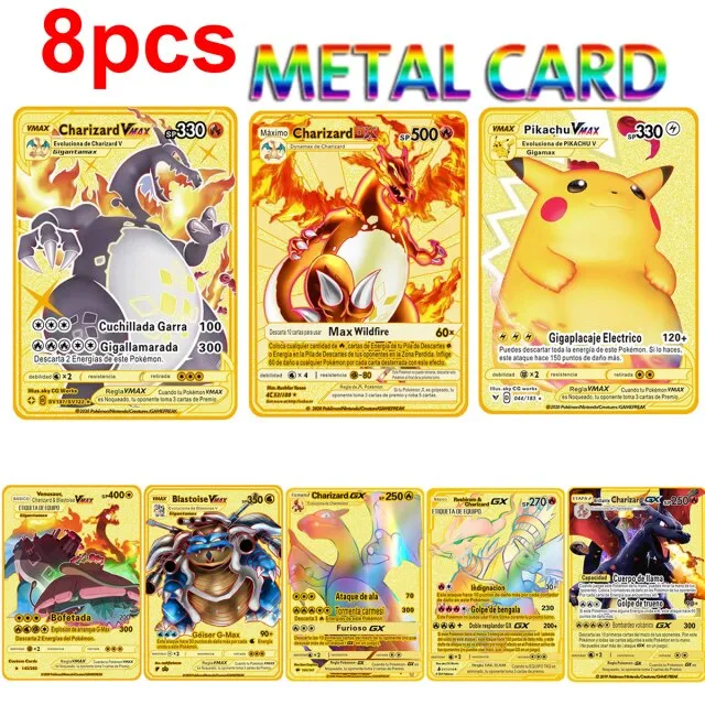 8Pcs/SET Spanish Pokemon Metal Card Anime Pikachu Charizard Gold Pokmon ...