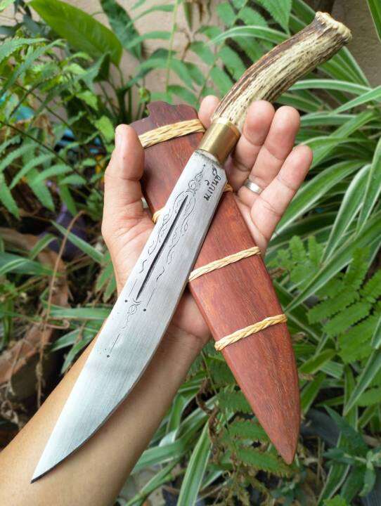 มีดลาบ มีดเหน็บ อีเหน็บ มีดพก มีดเดินป่า มีดแคมป์ 7.9” SUP9 ผิวขัด ตอกลาย ร่องเลือด ด้าม ขก. คอ ...