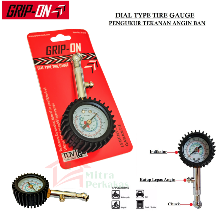 Grip On Dial Type Tire Gauge / Alat Ukur Angin Ban Motor Mobil /Alat ...
