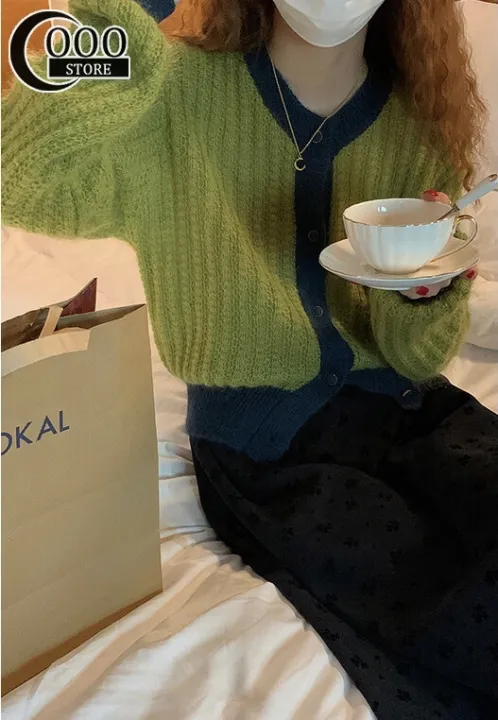 Oooo Women 'S New Velvet Buckle Color Contrast เสื้อคาร์ดิแกนถักใส่สบาย ...