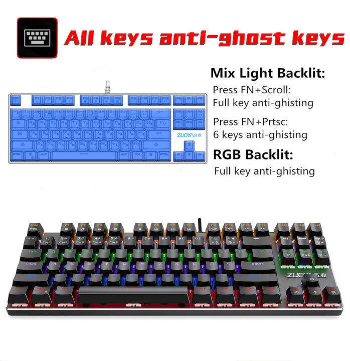 ZUOYA 87KEY Mechanical Gaming Keyboard RGB Backlit USB Wired Red Switch Anti-ghosting For Gamer ...