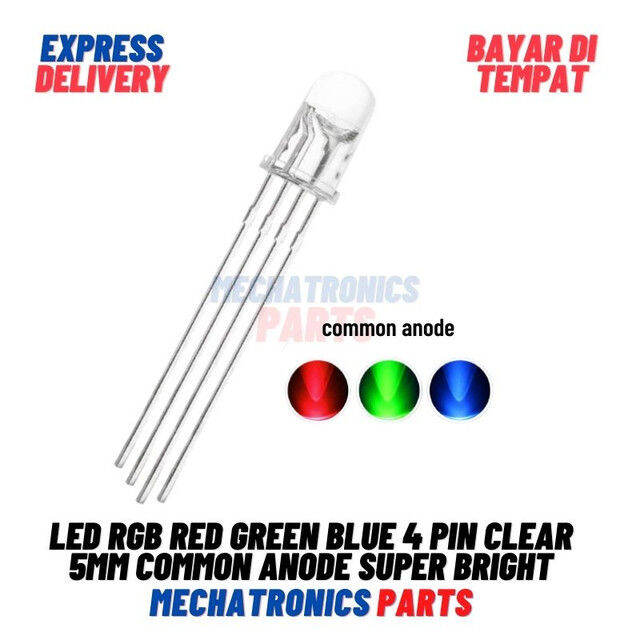 5 Buah LED RGB RED GREEN BLUE 4P 4 PIN CLEAR 5MM COMMON ANODE SUPER ...