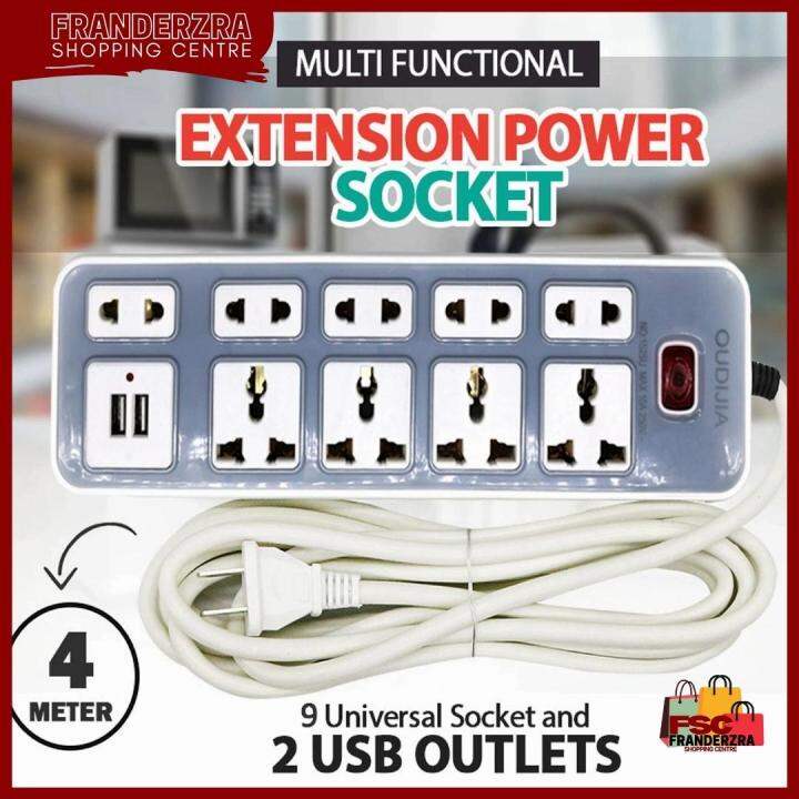 Power Extension With 9 Universal Socket and 2 USB outlets Charger 5V 1A ...