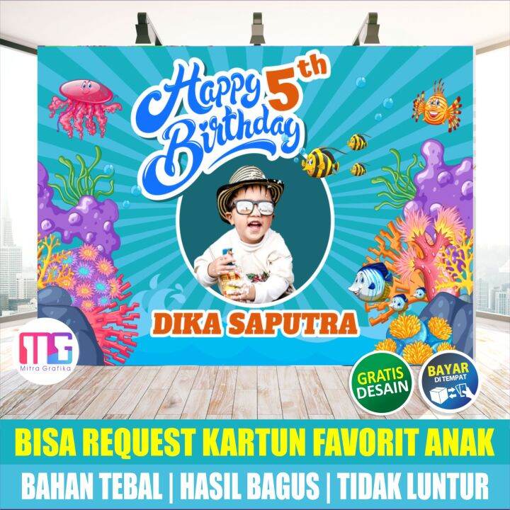 Cetak Spanduk ultah anak tema binatang laut / banner ulang tahun anak ...