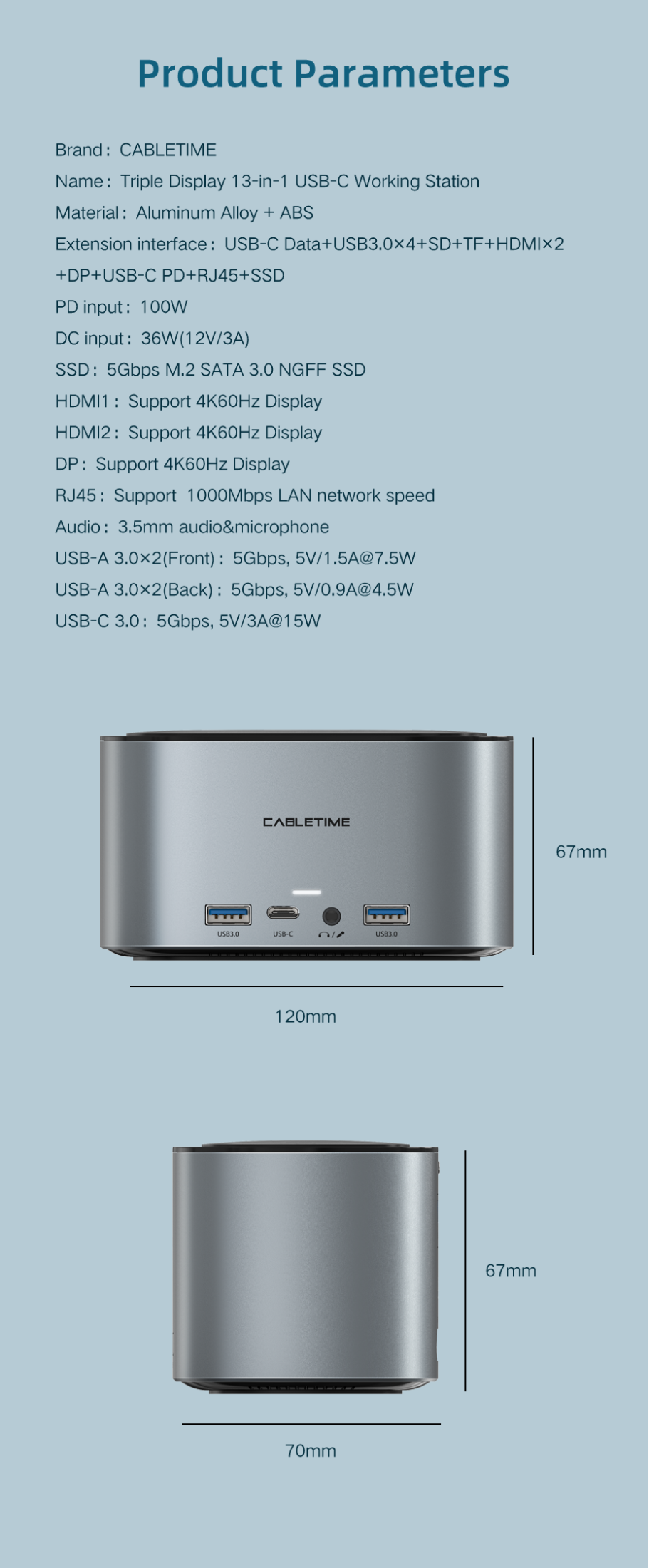 CABLETIME USB Docking Station HUB USB C ถึง4K HDMI DP RJ45 1000Mbps PD ...