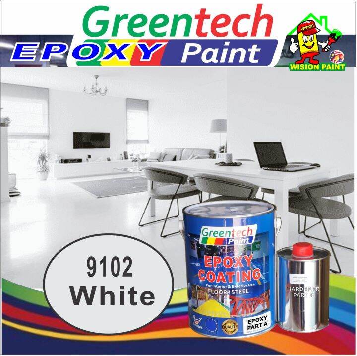 9102 WHITE ( 5L GREENTECH EPOXY PAINT ) Cat Lantai ( 4Liter Paint + 1Liter Hardener ) FLOOR ...