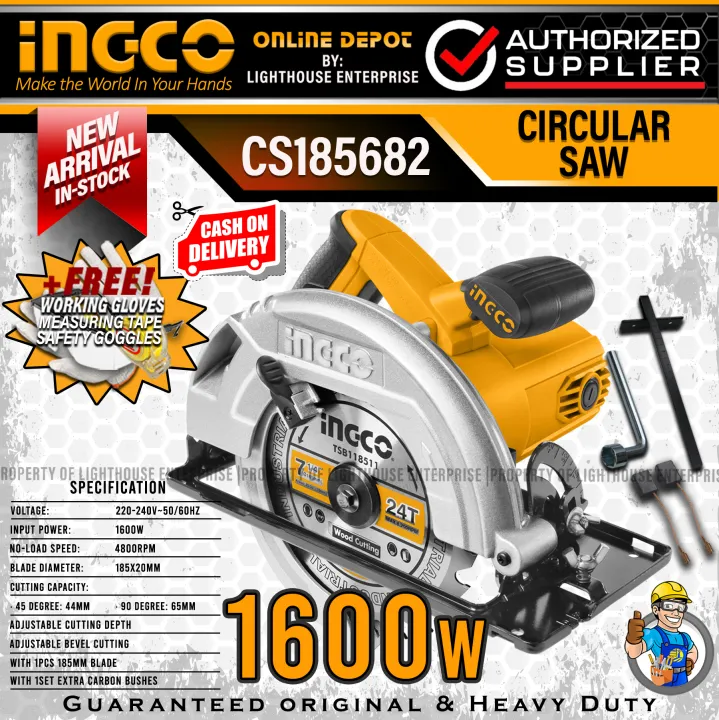 INGCO Industrial 1600W 7" Circular Saw (CS185682) w/FREE Gloves + 3M ...