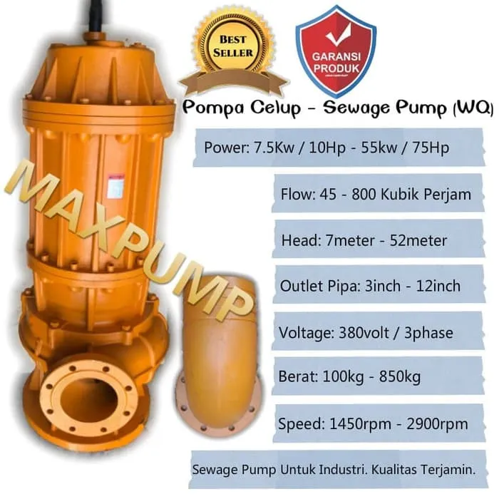 Maxpump Pompa Submersible Pump 250WQ600-9-30 pipa outlet 10inch Pompa Celup Air Kotor 10in 30kw ...