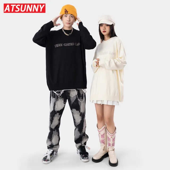 ATSUNNY ฮาราจูกุถักสีทึบเสื้อกันหนาวเสื้อสวมหัว Streetwear บุรุษวิทยาเขตสไตล์น่ารักเสื้อกันหนาว ...