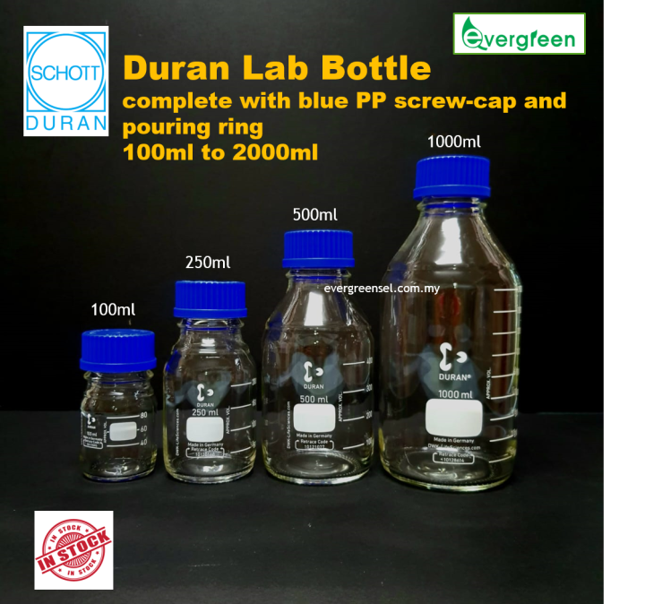 Duran Lab bottle/ Laboratory Glass Bottles complete with LOCAL blue PP screw-cap and pouring ...