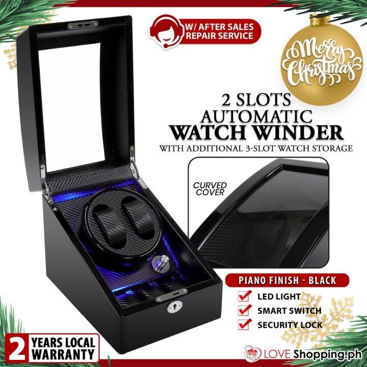 2-Slot Automatic Watch Winder + 3 Additional Storage - BLACK with Blue ...