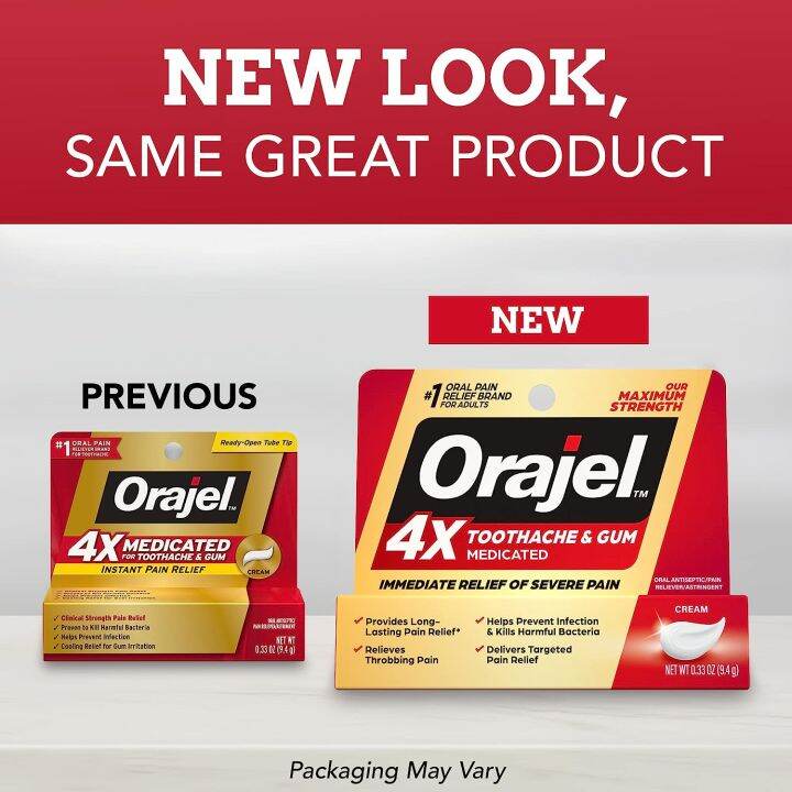 Orajel 4X Strength Toothache & Gum Relief Cream, 0.33 Oz PACKAGING MAY ...