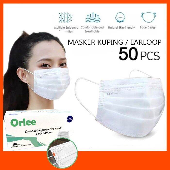 Masker Medis Earloop 3 ply (1 box isi 50 pcs) | Masker Orlee putih ...