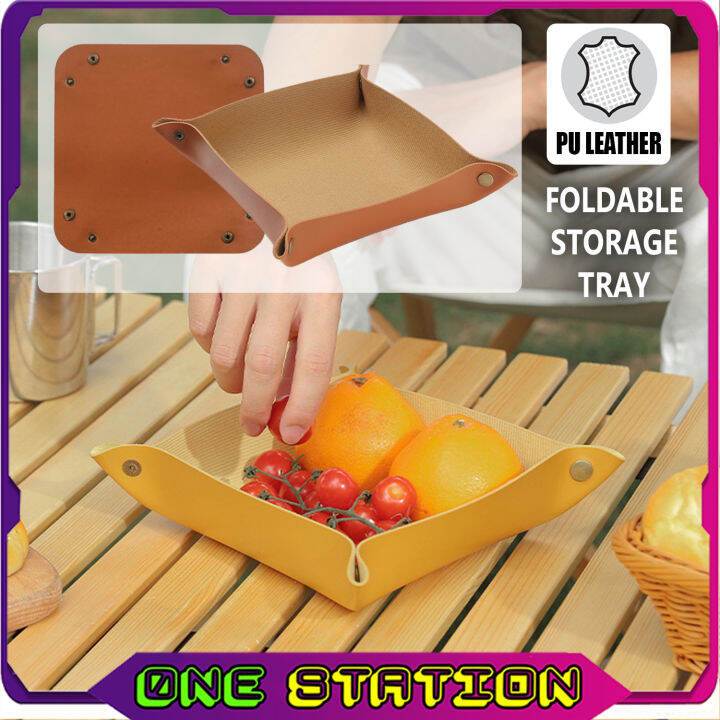 FOLDABLE STORAGE TRAY PU Leather Portable Plate Storage Tray Cosmetic ...
