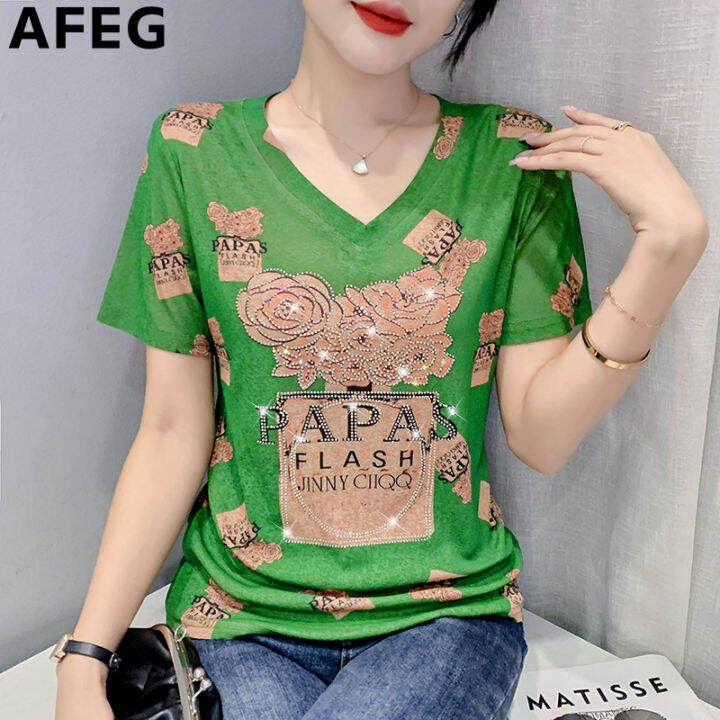 AFEG ใหม่เกาหลีคอวีแฟชั่นหลวมอเนกประสงค์พิมพ์เจาะร้อนแขนสั้นเสื้อยืด ...