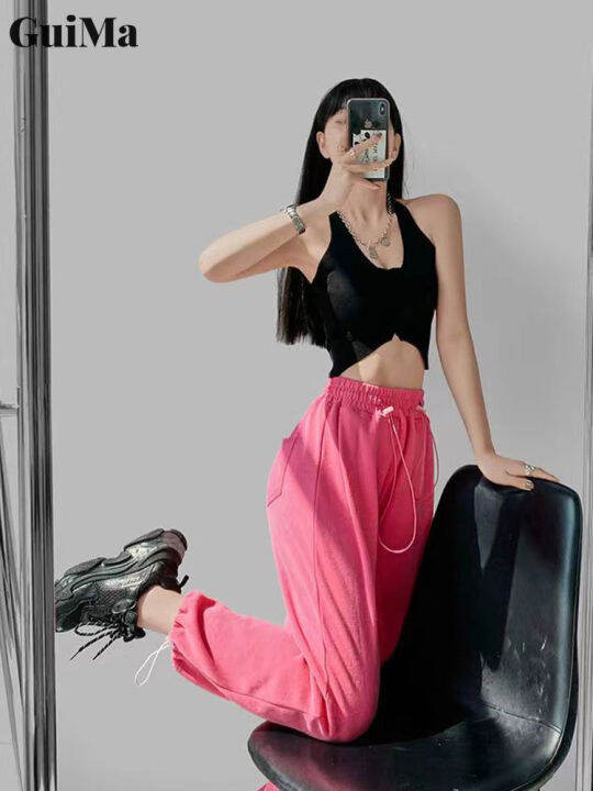 Gui Ma กางเกงฮาเร็มกางเกงยีนส์สตรีขาหลวมเอวยางยืดสายดึงสองชั้นเอวสูงฤดู ...