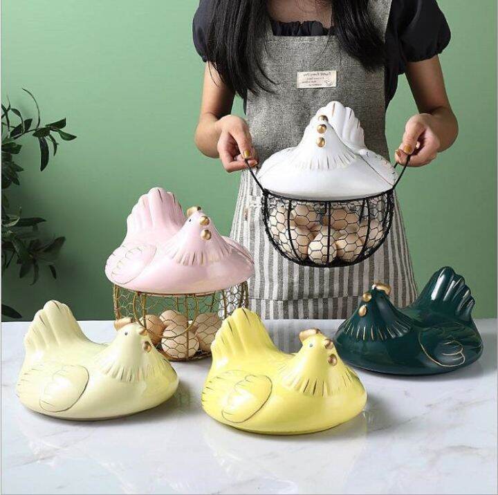 Large Stainless Steel Mesh Wire Egg Storage Basket with Ceramic Farm ...