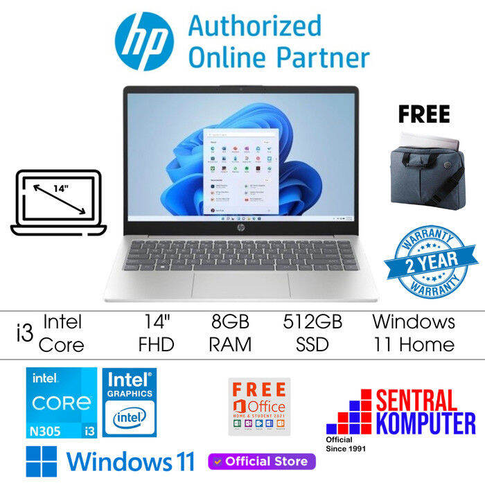 Laptop HP 14s Intel i3 N305 FHD 8GB 512GB Win11+OHS 2021 | Lazada Indonesia