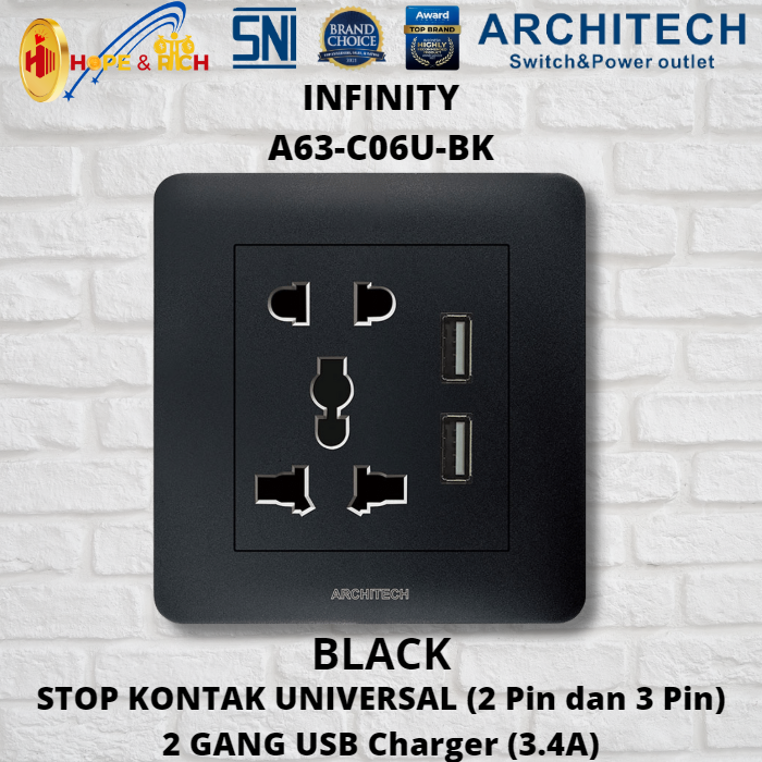 ARCHITECH INFINITY A63-C06U-Stop Kontak Universal + 2 USB, BLACK | Lazada Indonesia
